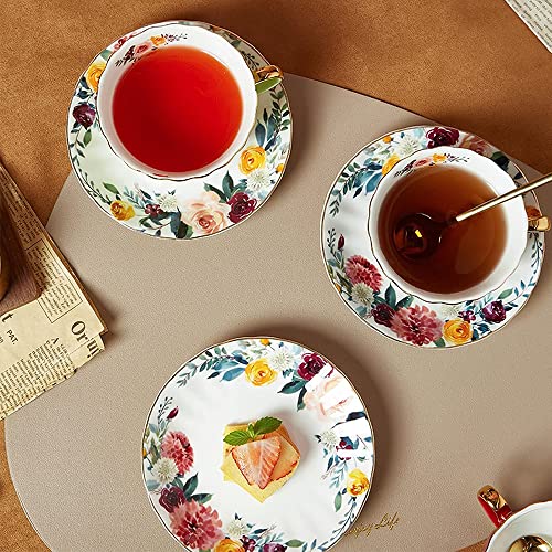 ONEUSTAR Tea Cup and Saucer Set for 2 Porcelain Enghlish Tea Cup Floral Teacups Coffee Cup Set for Mother's Day Thanksgiving in Gift Box 8 Oz