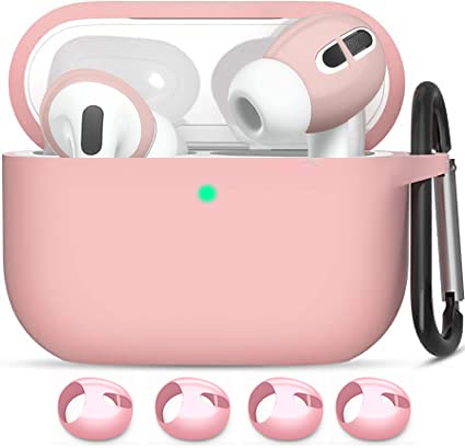 Loirtlluy Airpods Pro Silicone Case with 2 Pairs Ear Tips Covers, Soft Premium Skin Case Cover Shock-Proof Protective Case with Keychain for Airpods Pro, Front LED Visible, Pink
