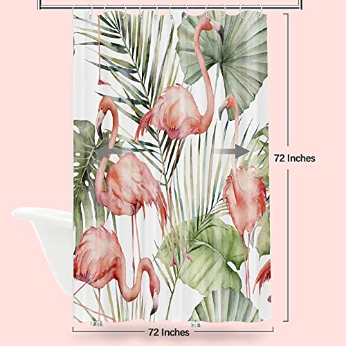 VEGA U Flamingo Shower Curtain for Bathroom, Tropical Leaves Themed Bath Decor with Hooks, 72x72 Inch