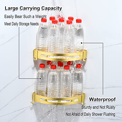 Corner Shower Caddy Wall Mounted, Metal Bathroom Storage Shelves with Hooks, Rust Proof Triangle Shower Shelf No Drilling, Adhesive Installation Bathroom Basket (2 Tiers, Bright Gold)