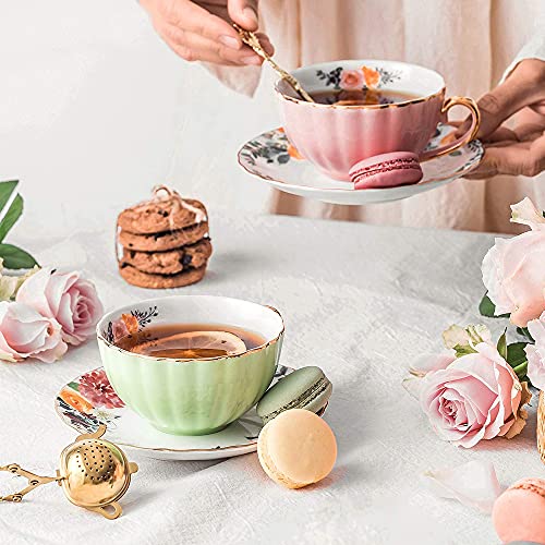 ONEUSTAR Tea Cup and Saucer Set for 2 Porcelain Enghlish Tea Cup Floral Teacups Coffee Cup Set for Mother's Day Thanksgiving in Gift Box 8 Oz