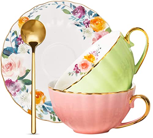 ONEUSTAR Tea Cup and Saucer Set for 2 Porcelain Enghlish Tea Cup Floral Teacups Coffee Cup Set for Mother's Day Thanksgiving in Gift Box 8 Oz