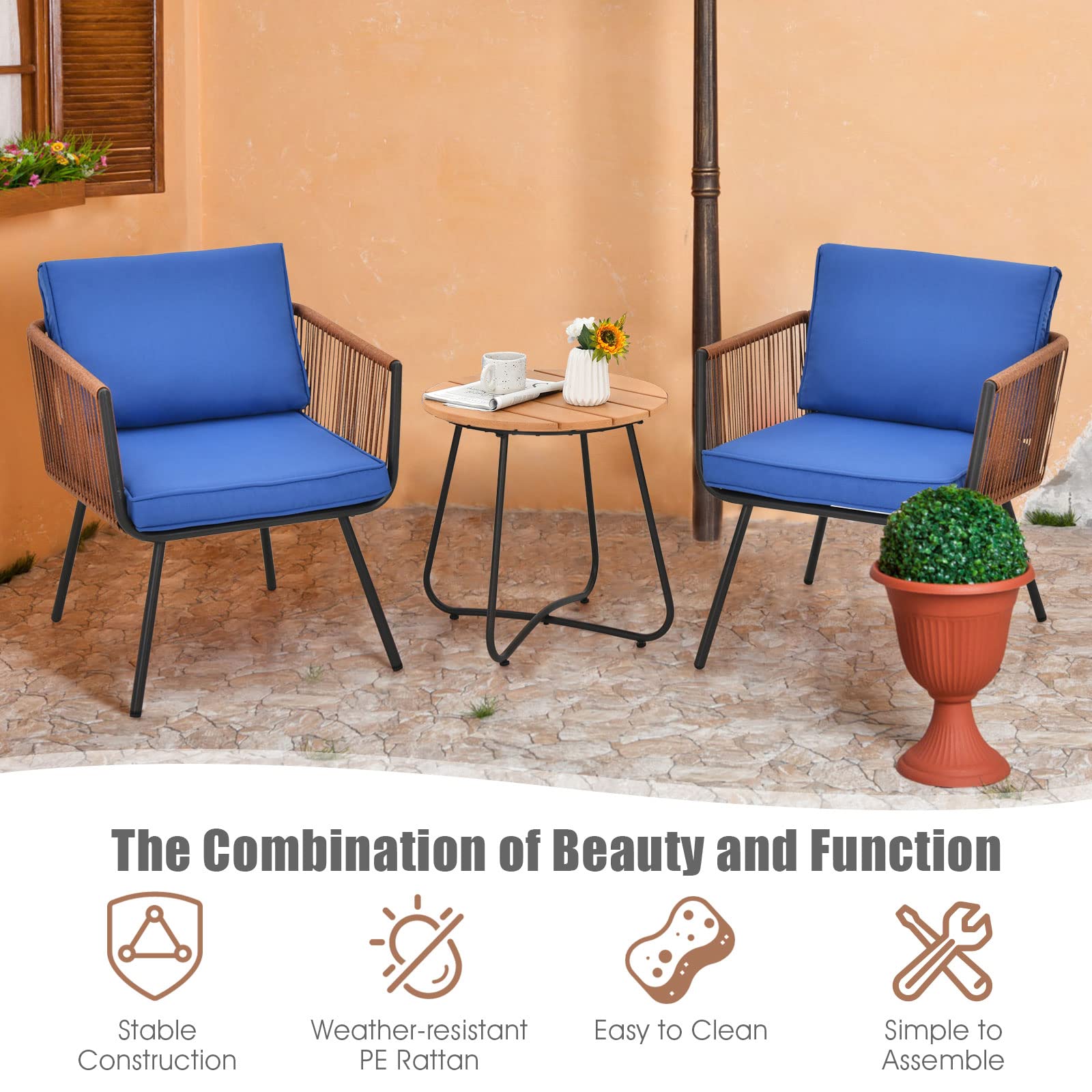RELAX4LIFE 3-Piece Patio Conversation Set - PE Wicker Sectional Sofa Set with Coffee Table, Seat & Back Cushions, Outdoor Rattan Furniture Set for Patio, Yard, Balcony, Poolside, Garden