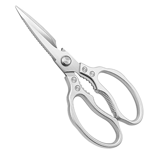 CGBE Kitchen Scissors, Multi-Purpose Kitchen Shears, Heavy Duty Dishwasher Safe Food Scissors, Non Slip Stainless Steel Sharp Cooking Scissors for Kitchen, Chicken, Poultry, Fish, Meat, Herbs-Sliver