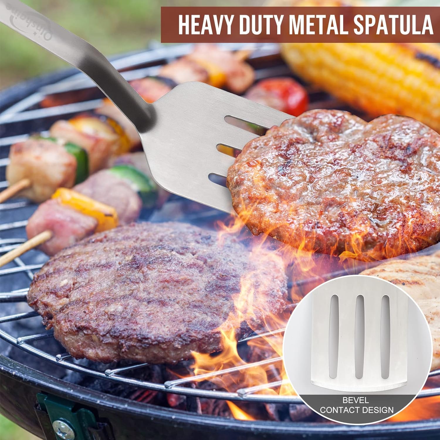Qinshaine Barbecue Tool Set, BBQ Tools Set with Spatula, Tongs, Fork&Grill Cleaning Brush- The Ideal BBQ Gift Set for Men.4 -Piece (4pc)