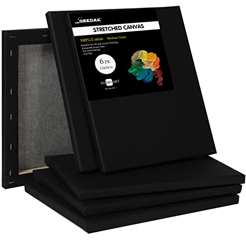 Gredak Black Canvases for Painting, 12x16 Inch 6-Pack Blank Black Canvas, 100% Cotton Stretched Canvas, Paint Supplies for Adult, Perfect Art Supplies for Acrylics and Oil Paints