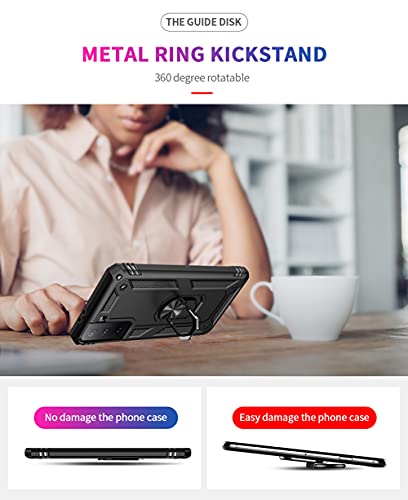 Samsung Galaxy S21 FE 5G Case with HD Screen Protectors, Androgate Military-Grade Metal Ring Holder Kickstand 15ft Drop Tested Shockproof Cover Case for Samsung Galaxy S21 FE Black