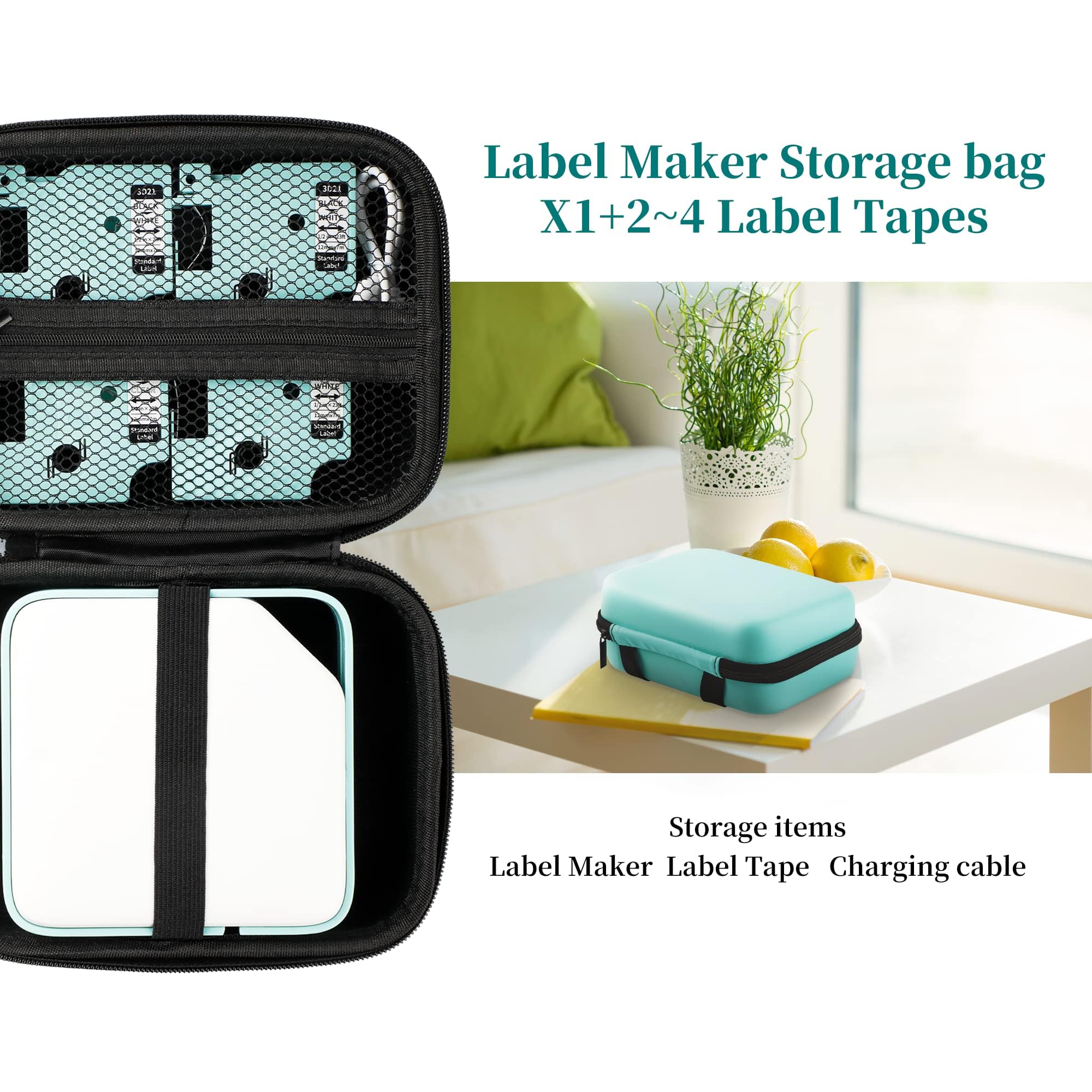 Vixic Hard Case Compatible Label Maker D1600/P3200 - Green Box with Holder for Printer & Labeling Tapes Refills and Mesh Pocket for Accessories