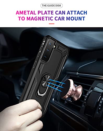 Samsung Galaxy S21 FE 5G Case with HD Screen Protectors, Androgate Military-Grade Metal Ring Holder Kickstand 15ft Drop Tested Shockproof Cover Case for Samsung Galaxy S21 FE Black