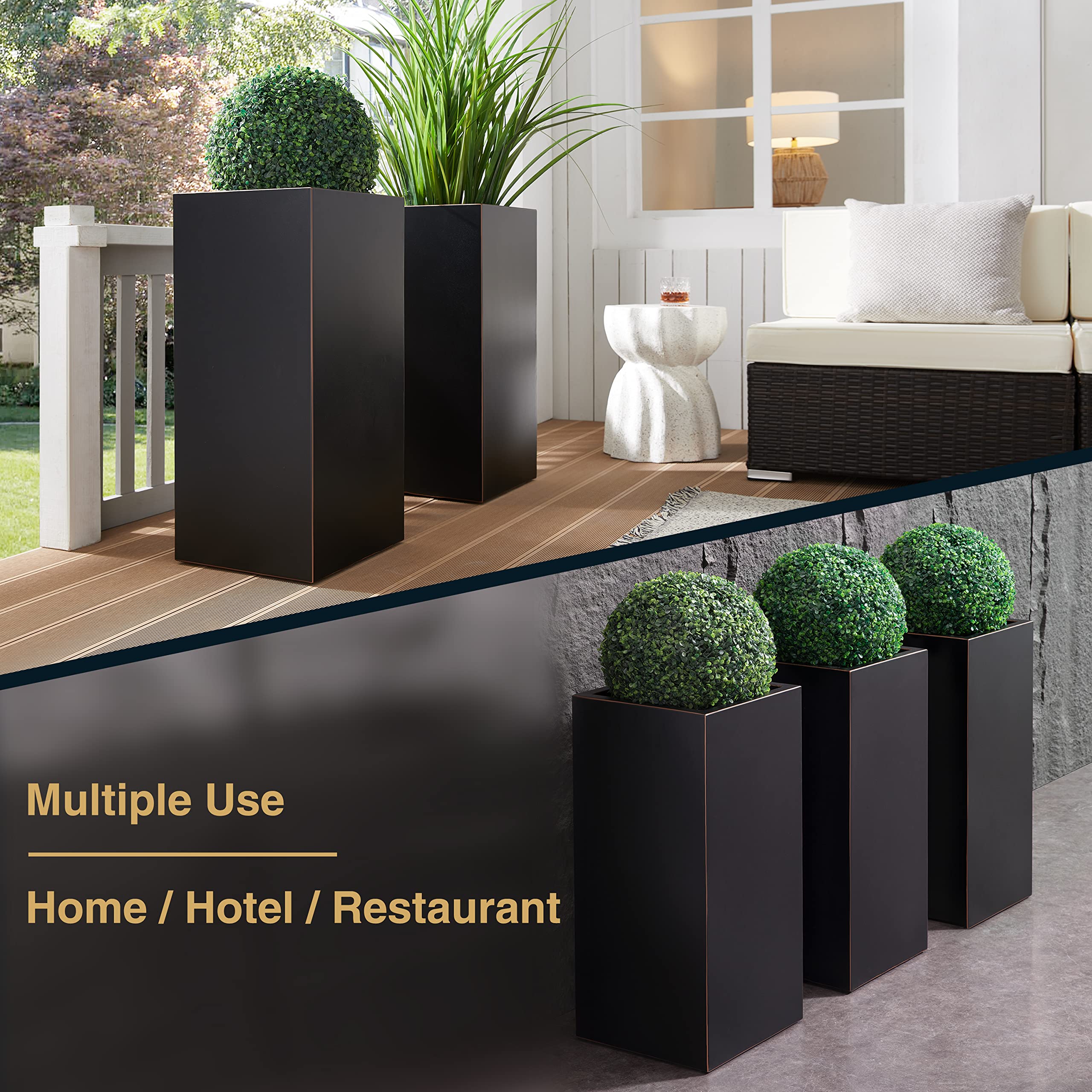 Wallowa Metallic Heavy Tall Outdoor/Indoor Planter Box 14Lx14Wx30H Inches Rectangular Large Flowerpot, Tall Metal Planter Box for Front Porch 25 Pounds, No Assembly Required, Black, 1 Pack