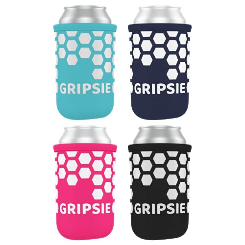 GRIPSIE Can Sleeves with Non-Slip Grip (4-Pack) Insulated Neoprene, Scuba Knit Polyester Fabric, Silicone Print Coolers for Standard 12oz Beer and Soda Cans (Multicolor)