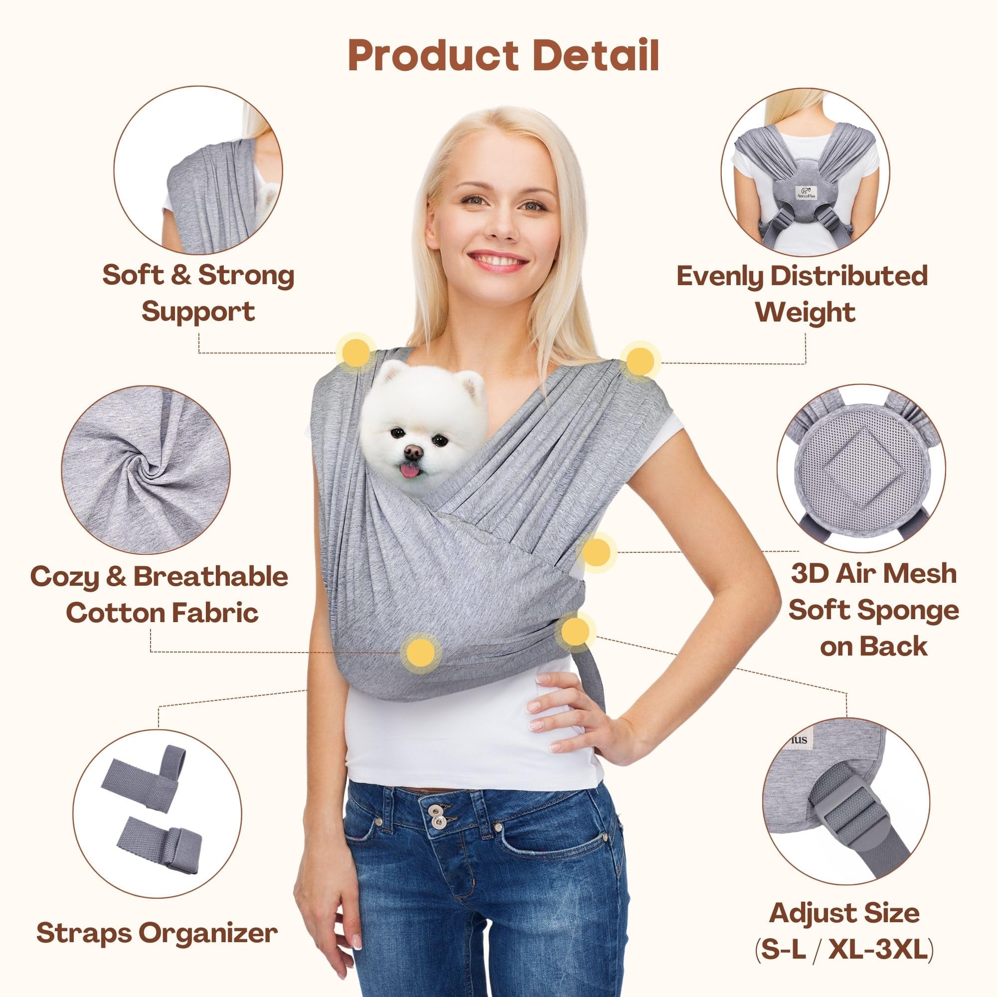 AnccoPlus Dog Carriers for Small Dogs, Front Facing Small Dog Carrier, Hands Free Pet Carrier, Size Adjustable Cat Carriers, Reducing Back Pain, Safe Soft Cotton Cat Sling (Regular, Heather Gray)