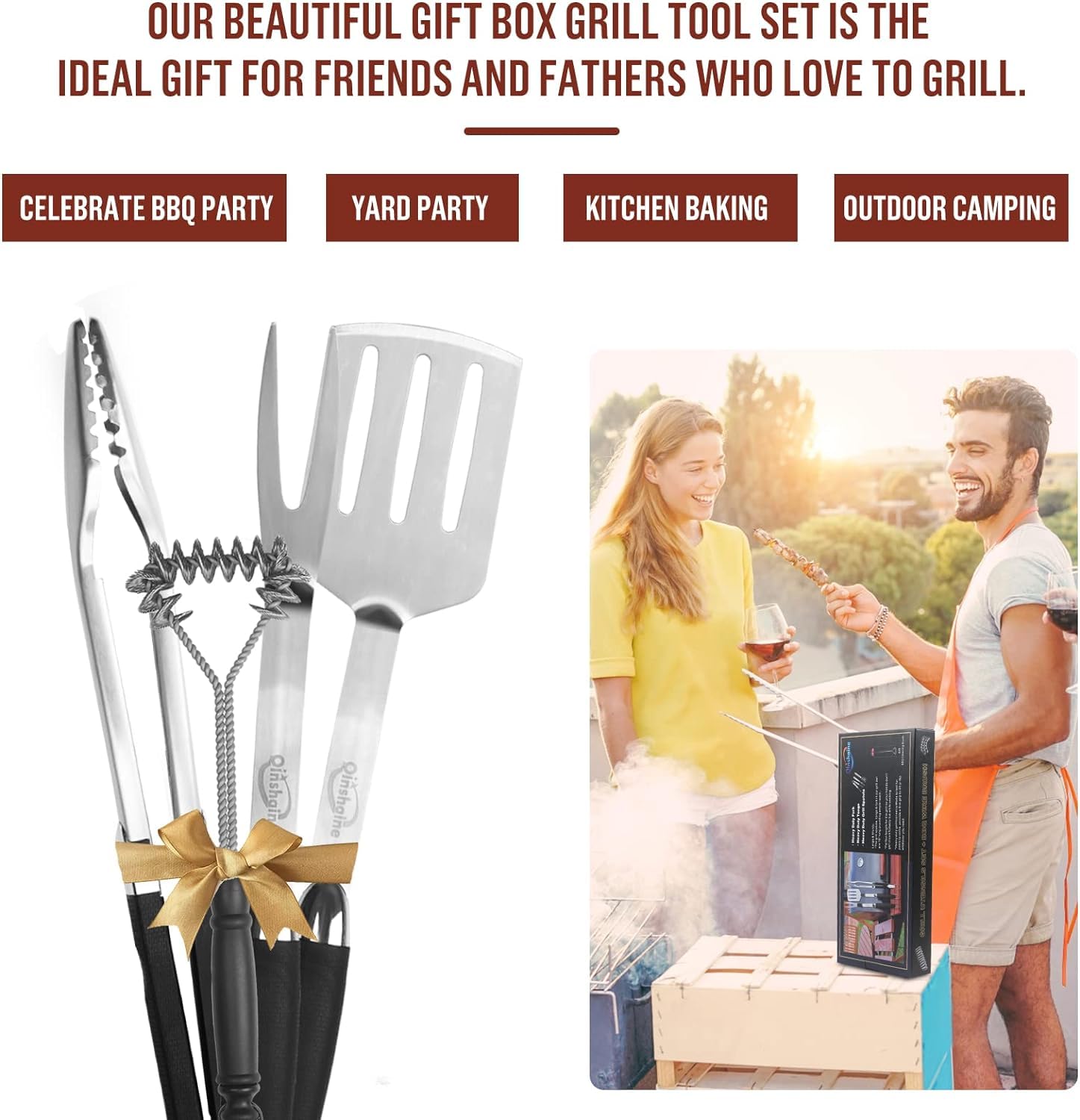 Qinshaine Barbecue Tool Set, BBQ Tools Set with Spatula, Tongs, Fork&Grill Cleaning Brush- The Ideal BBQ Gift Set for Men.4 -Piece (4pc)