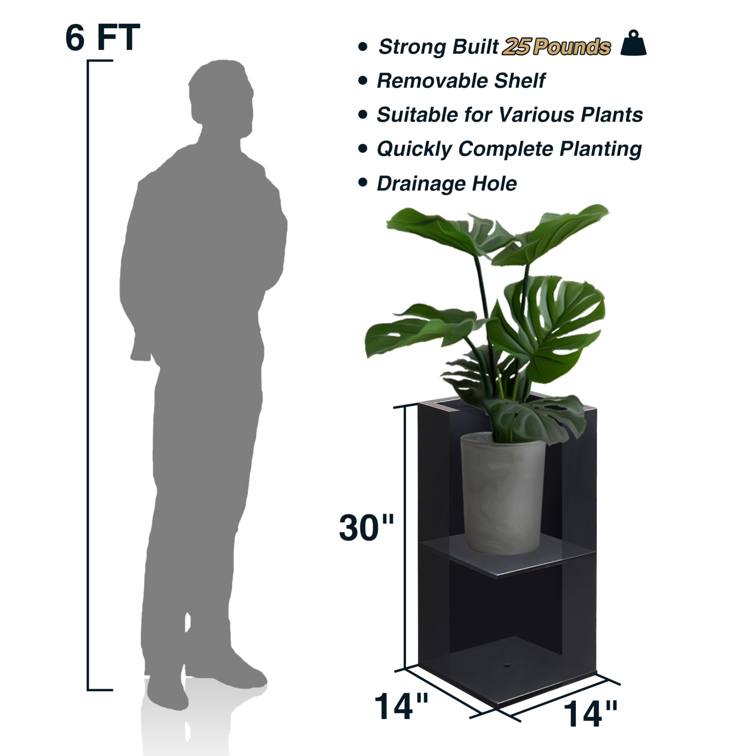 Wallowa Metallic Heavy Tall Outdoor/Indoor Planter Box 14Lx14Wx30H Inches Rectangular Large Flowerpot, Tall Metal Planter Box for Front Porch 25 Pounds, No Assembly Required, Black, 1 Pack