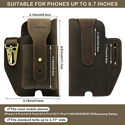 SUOHU Leather Phone Holster with Belt Clip, Leather Cell Phone Holder for Belt, Leather Belt Phone Pouch, Universal Leather Phone Case on Belt, Tactical Leather Phone Belt Bag for iPhone (Dark Brown)