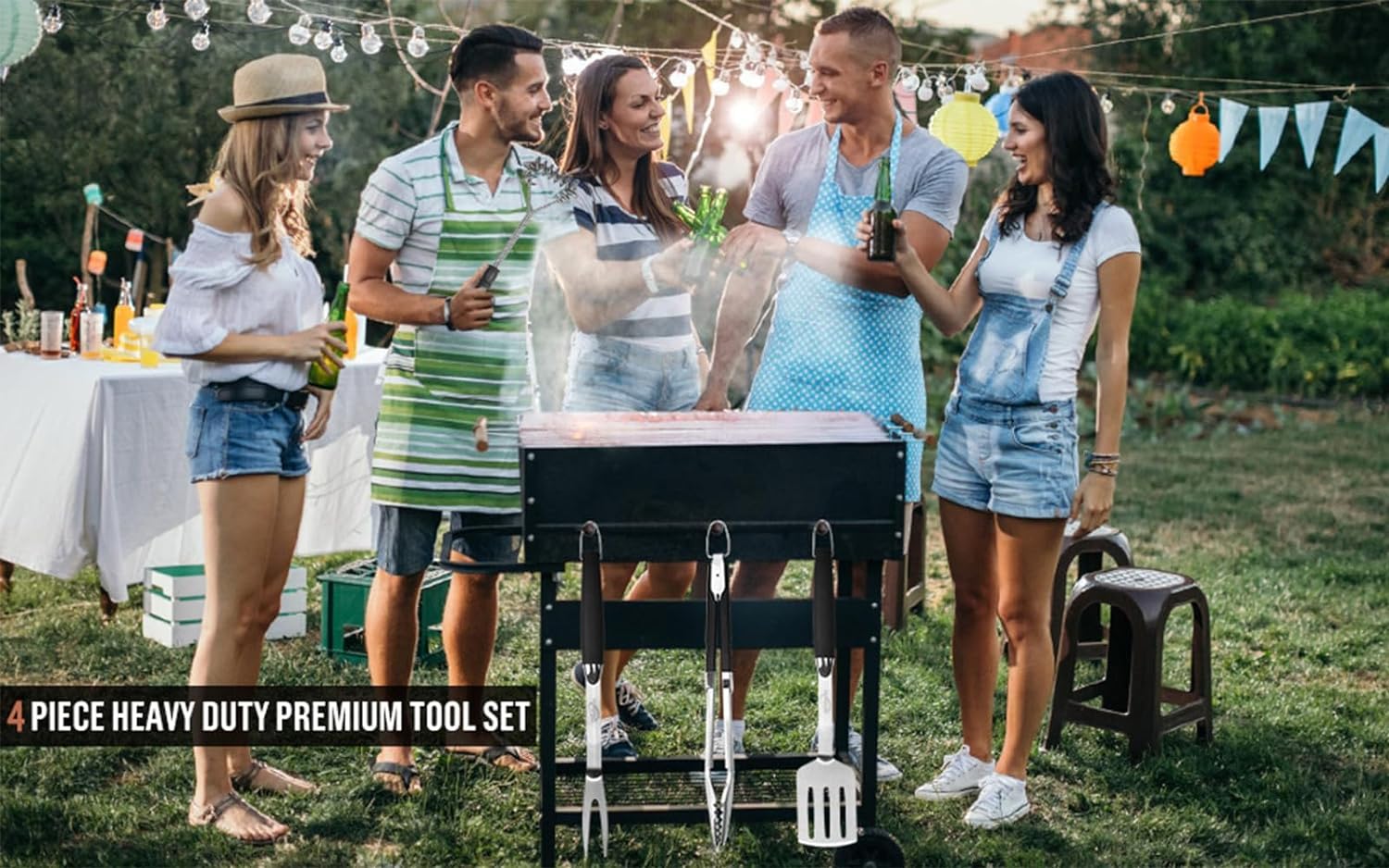 Qinshaine Barbecue Tool Set, BBQ Tools Set with Spatula, Tongs, Fork&Grill Cleaning Brush- The Ideal BBQ Gift Set for Men.4 -Piece (4pc)