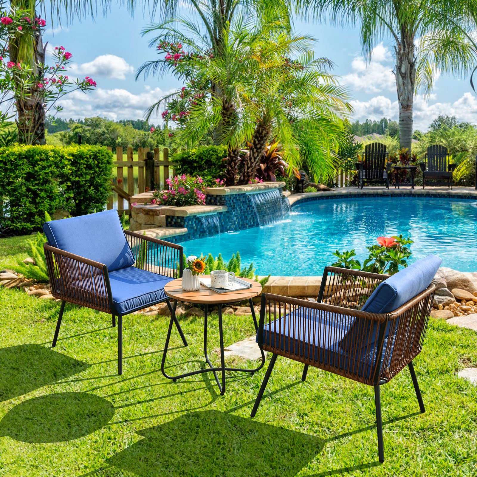 RELAX4LIFE 3-Piece Patio Conversation Set - PE Wicker Sectional Sofa Set with Coffee Table, Seat & Back Cushions, Outdoor Rattan Furniture Set for Patio, Yard, Balcony, Poolside, Garden
