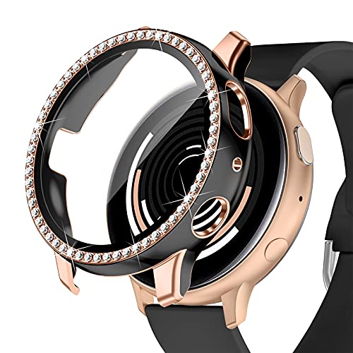 GEAK Compatible with Samsung Galaxy Watch Active 2 Case 40mm, Overall Guard Diamonds HD Screen Protector with Rose Gold Edges Design for Samsung Active 2 Watch Women Girls 40mm Black/Rosegold