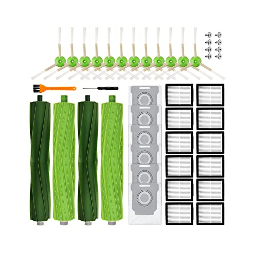 32 Pack Replacement Parts for iRobot Roomba i7 i7+ i3 i3+ i4 i4+ i6 i6+ i8 i8+ E5 E6 E7 Vacuum Cleaner, 2 Set Rubber Brushes, 12 Vacuum Filters, 6 Vacuum Bags, 12 Side Brushes