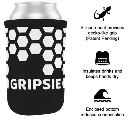 GRIPSIE Can Sleeves with Non-Slip Grip (4-Pack) Insulated Neoprene, Scuba Knit Polyester Fabric, Silicone Print Coolers for Standard 12oz Beer and Soda Cans (Multicolor)