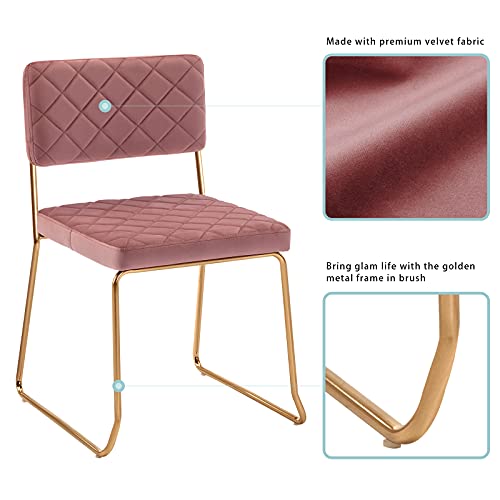 Duhome Velvet Dining Chairs Set of 2, Upholstered Accent Chairs for Kitchen Living Room Backrest Desk Chair with Gold Metal Legs, Pink
