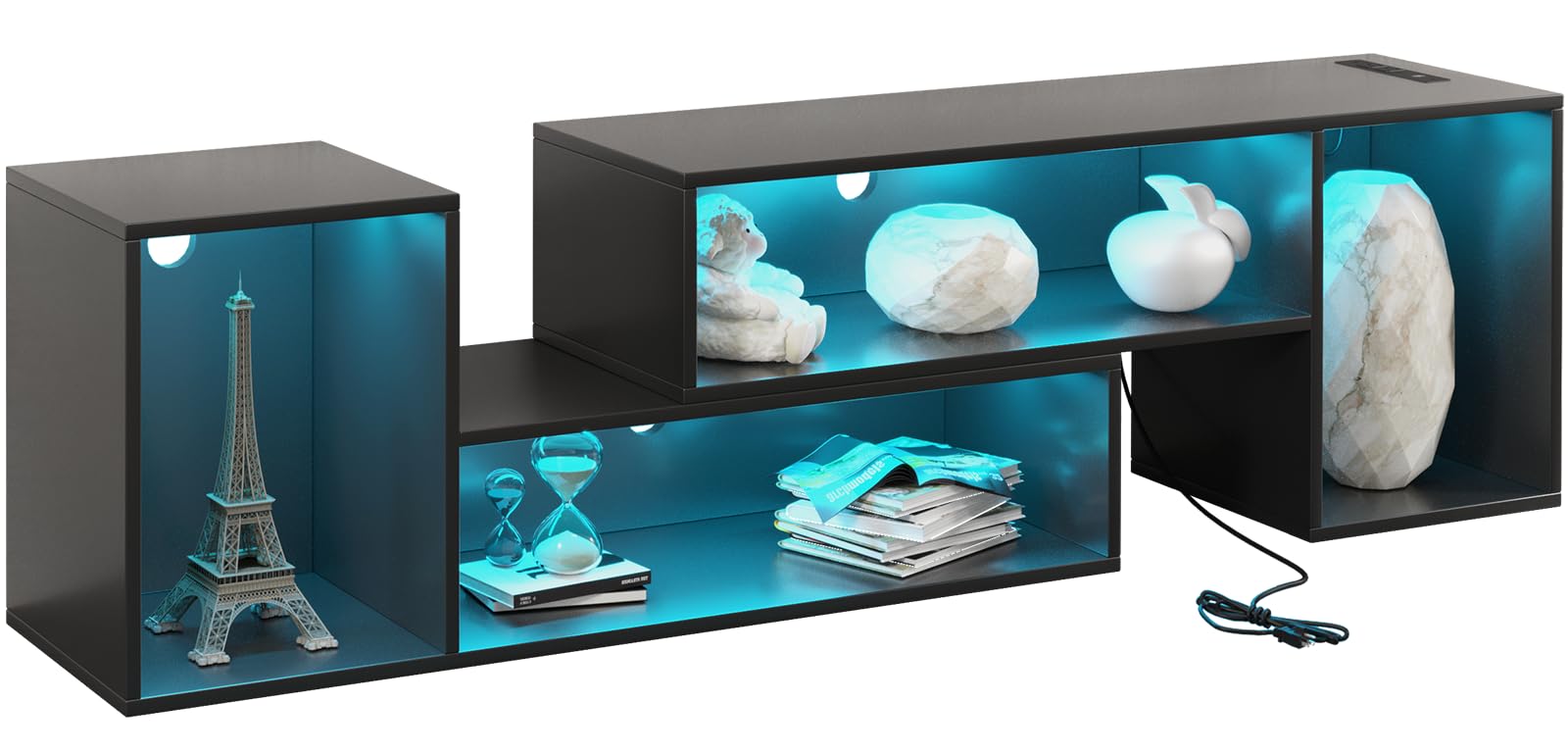 ANTISTA TV Stand, Deformable TV Stand with LED Light & Power Outlets, Modern Entertainment Center with Storage Shelves for 55/60/65/70 inch TV, 2 PCS Gaming Media Console for Bedroom, Black