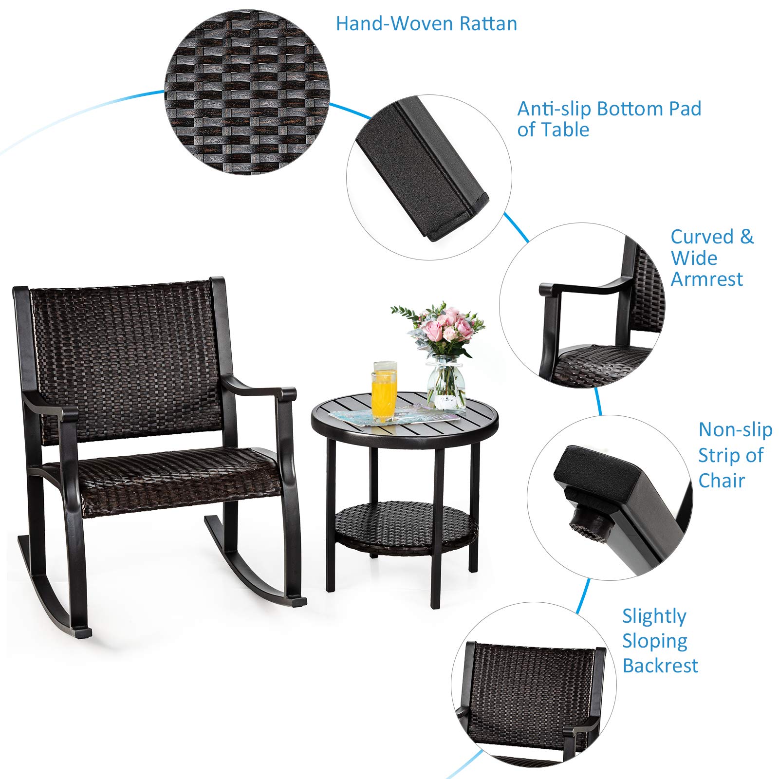 RELAX4LIFE 3-Piece Rocking Bistro Set - PE Wicker Outdoor Rocking Chair Furniture Set w/Side Table and Extra Storage Shelf, Patio Conversation Set for Porch, Balcony Deck