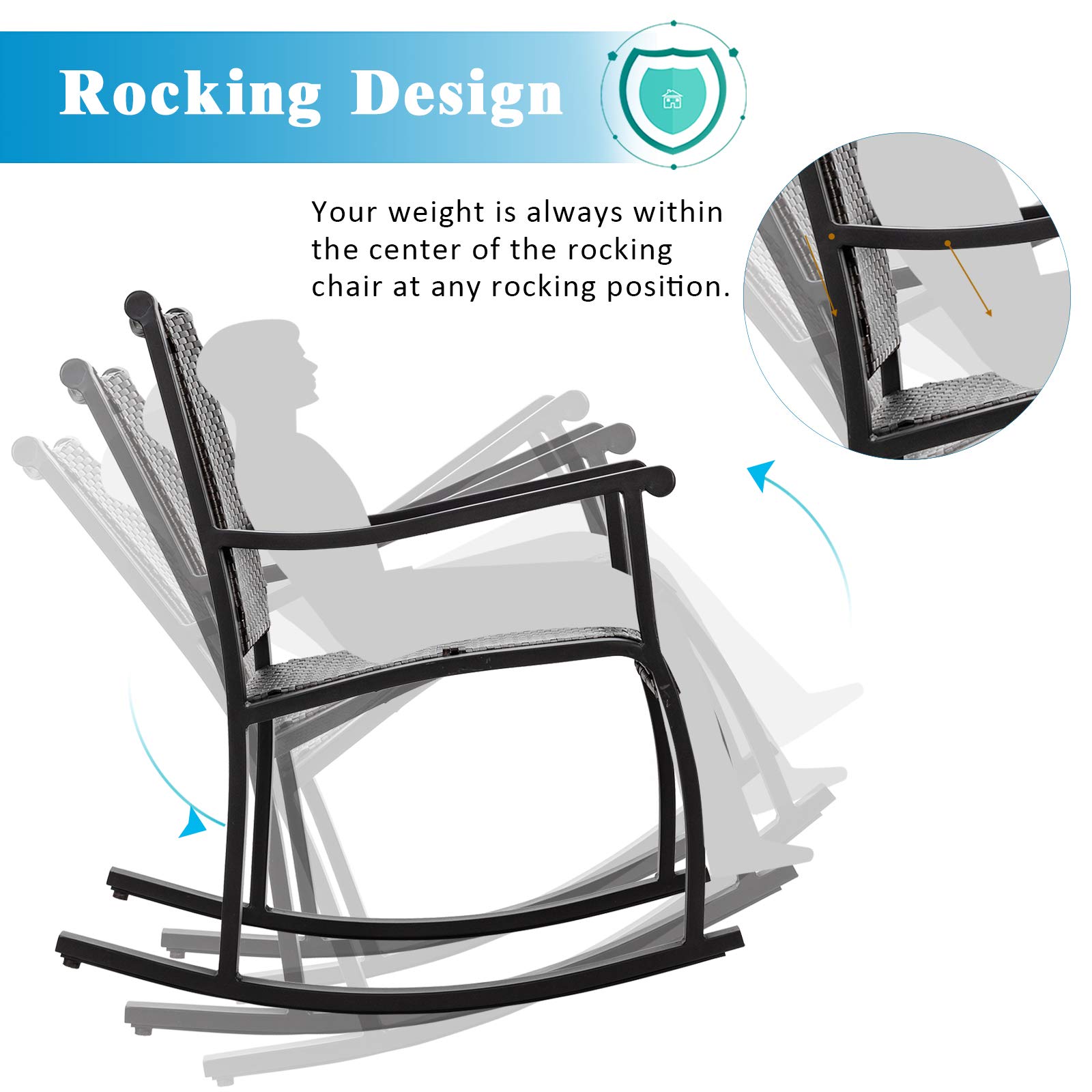 RELAX4LIFE 3-Piece Rocking Bistro Set - PE Wicker Outdoor Rocking Chair Furniture Set w/Side Table and Extra Storage Shelf, Patio Conversation Set for Porch, Balcony Deck