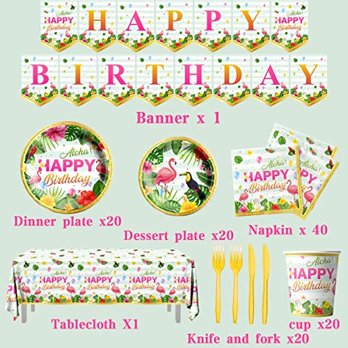 Luau Party Supplies,142pcs Aloha Birthday Tableware (Serves for 20) Hawaiian Theme Plates Cups Tablecloth Napkins for Tropical Birthday Party Decoration