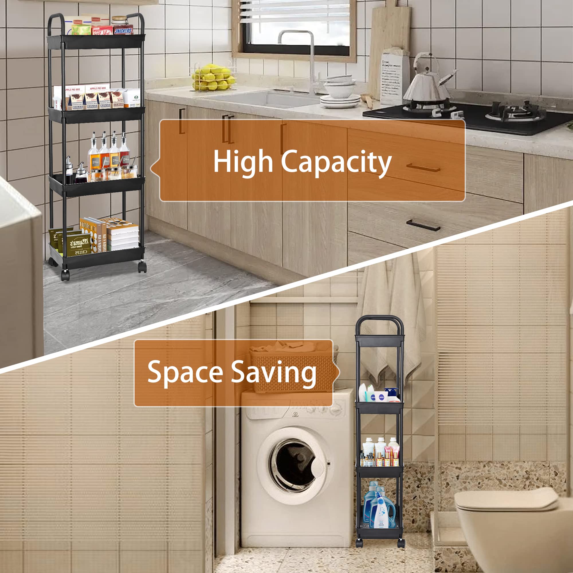 WASJOYE 4-Tier Plastic Rolling Utility Cart with Handle, Black Home Kitchen Office Storage Trolley Cart with Wheels (14 * 8.9 * 45.3 Inch)