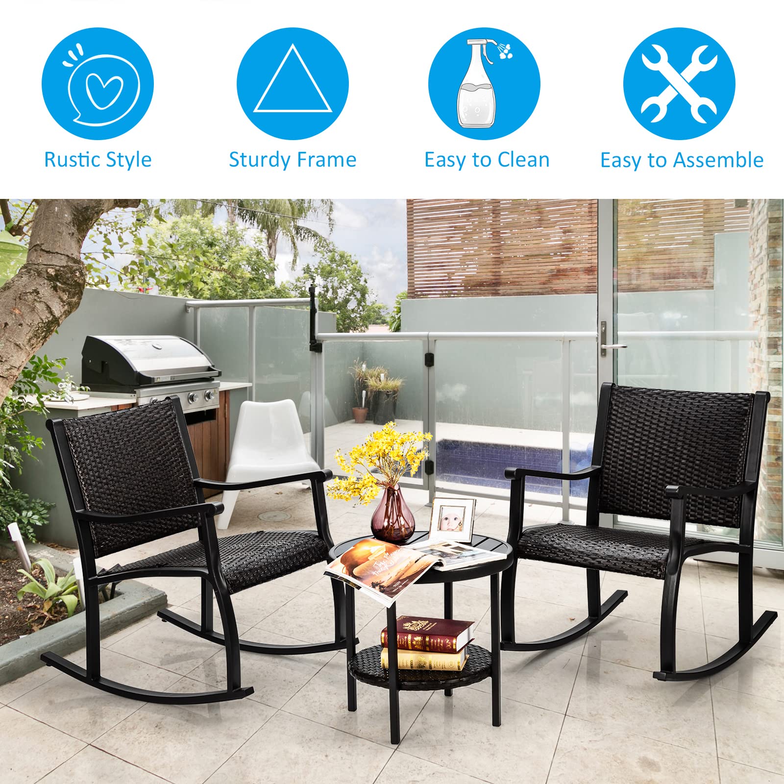 RELAX4LIFE 3-Piece Rocking Bistro Set - PE Wicker Outdoor Rocking Chair Furniture Set w/Side Table and Extra Storage Shelf, Patio Conversation Set for Porch, Balcony Deck