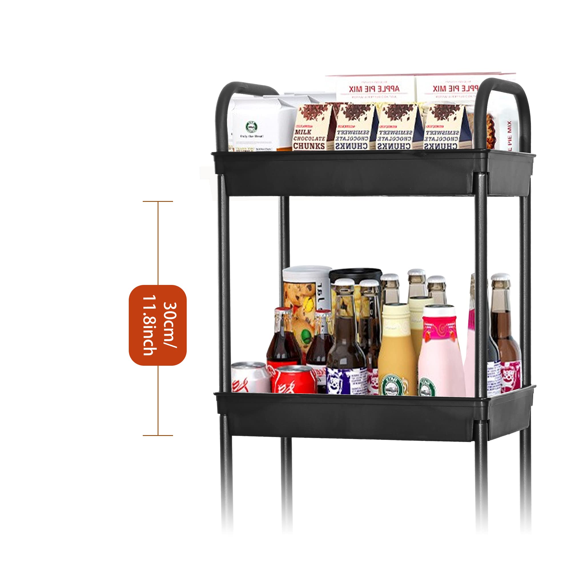WASJOYE 4-Tier Plastic Rolling Utility Cart with Handle, Black Home Kitchen Office Storage Trolley Cart with Wheels (14 * 8.9 * 45.3 Inch)