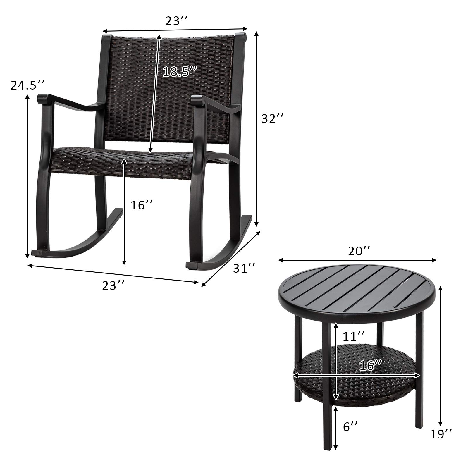 RELAX4LIFE 3-Piece Rocking Bistro Set - PE Wicker Outdoor Rocking Chair Furniture Set w/Side Table and Extra Storage Shelf, Patio Conversation Set for Porch, Balcony Deck