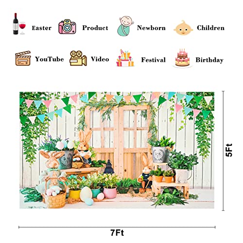 WENMER 5X7ft Spring Easter Backdrop, Garden Easter Egg Rabbit Photography Background Rustic Wooden Door Easter Bunny Flower Photo Backdrop for Easter Kids Children Newborn Baby Pet Portrait Photo