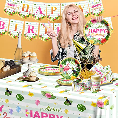 Luau Party Supplies,142pcs Aloha Birthday Tableware (Serves for 20) Hawaiian Theme Plates Cups Tablecloth Napkins for Tropical Birthday Party Decoration