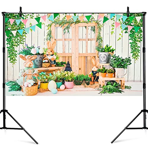 WENMER 5X7ft Spring Easter Backdrop, Garden Easter Egg Rabbit Photography Background Rustic Wooden Door Easter Bunny Flower Photo Backdrop for Easter Kids Children Newborn Baby Pet Portrait Photo
