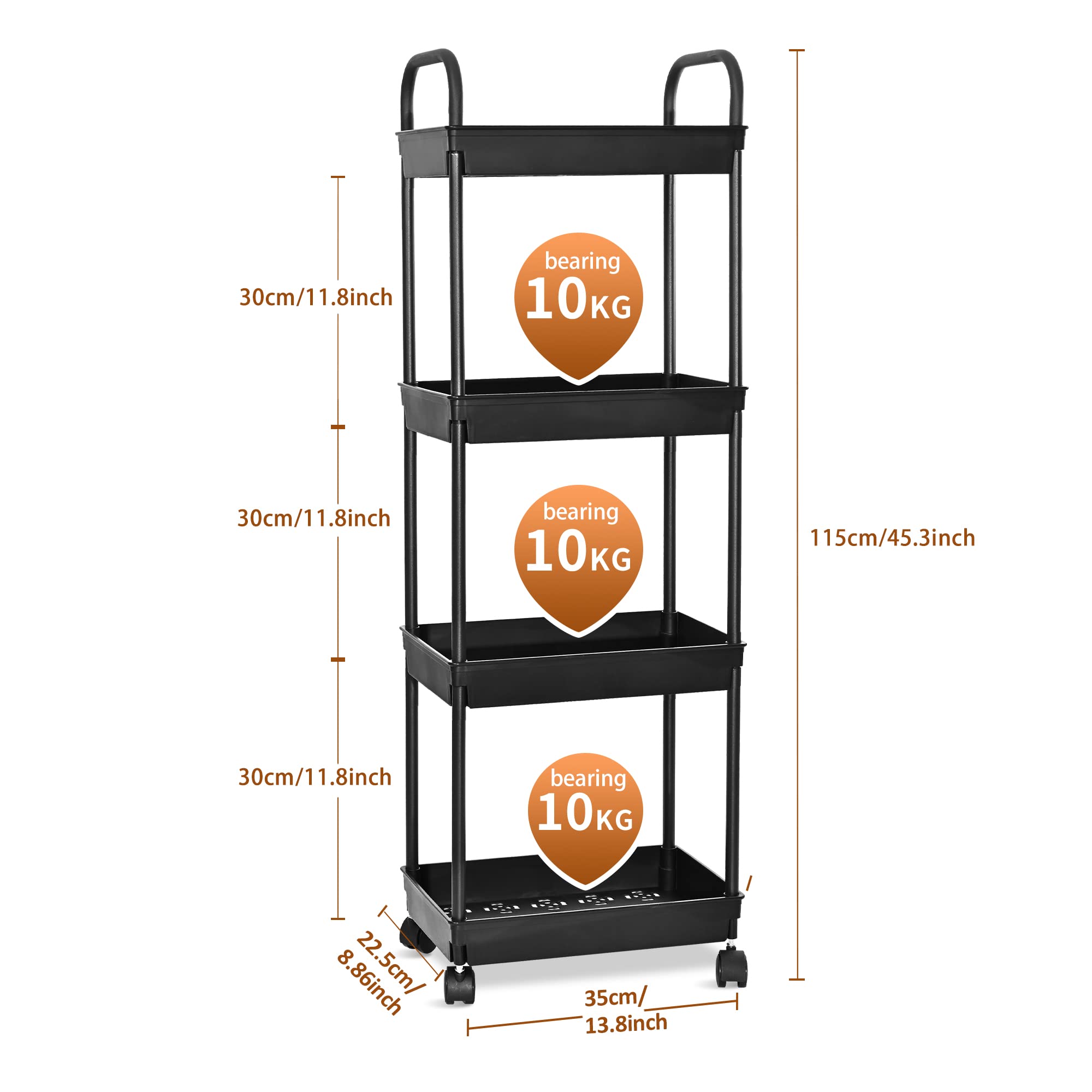 WASJOYE 4-Tier Plastic Rolling Utility Cart with Handle, Black Home Kitchen Office Storage Trolley Cart with Wheels (14 * 8.9 * 45.3 Inch)