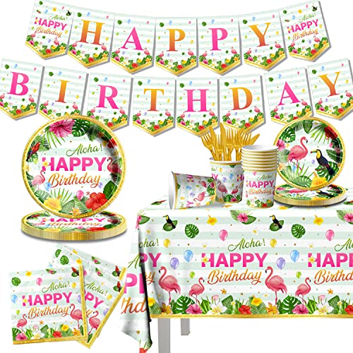 Luau Party Supplies,142pcs Aloha Birthday Tableware (Serves for 20) Hawaiian Theme Plates Cups Tablecloth Napkins for Tropical Birthday Party Decoration