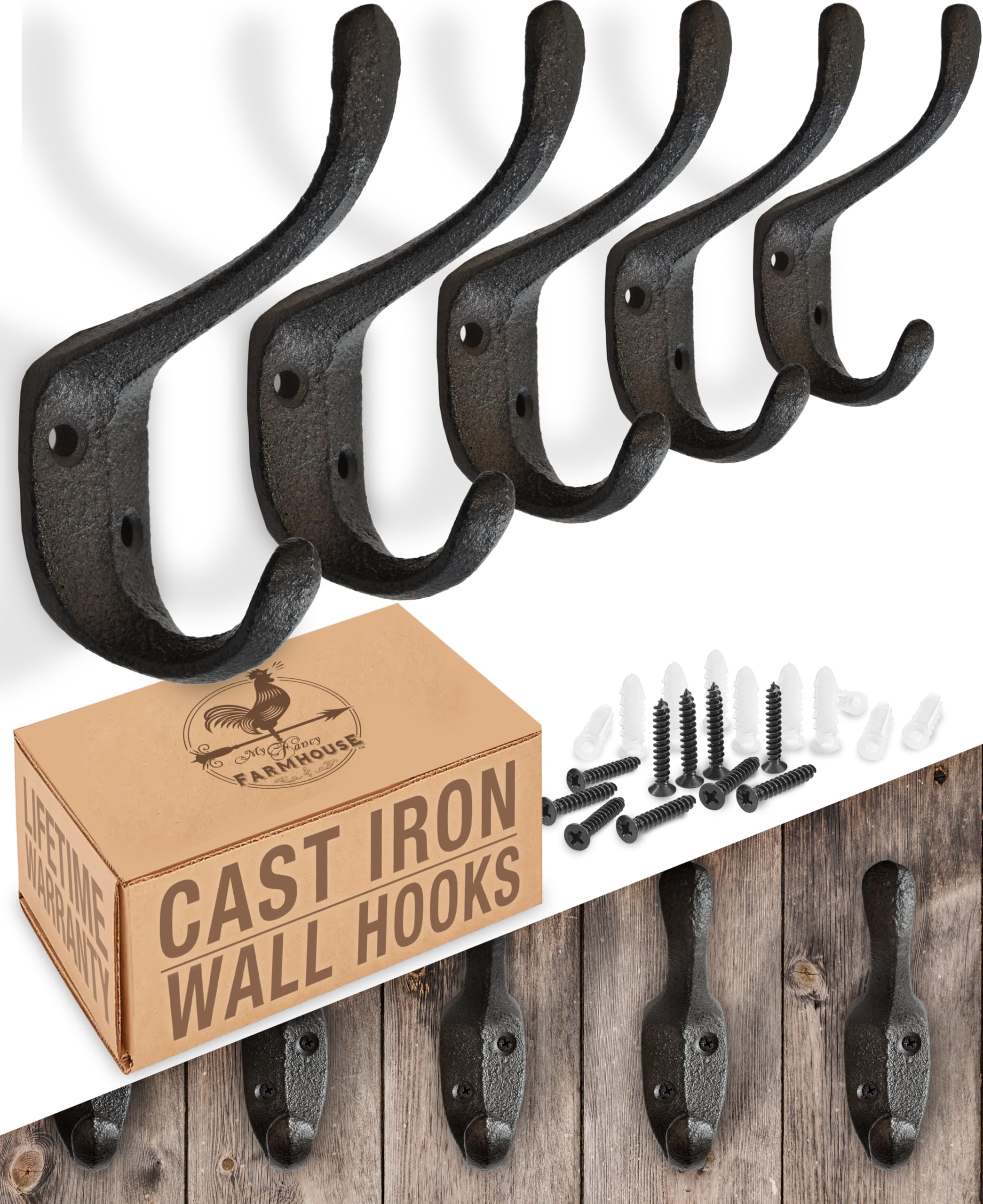 Rustic Cast Iron Coat Hooks (5 Pack) Wall Mounted Farmhouse Decorative Wall Hooks, Vintage Hooks for Hanging Coats, Bags, Hats, Towels (Black, Large Spoon Hooks)