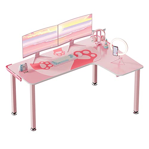 DESIGNA Pink Gaming Desk, 60 inch Pink L Shaped Gaming Desk, with Full Covered Cute Pink Desk mat for Girl Gaming Desk Pink, Easy to Assemble, Right Side