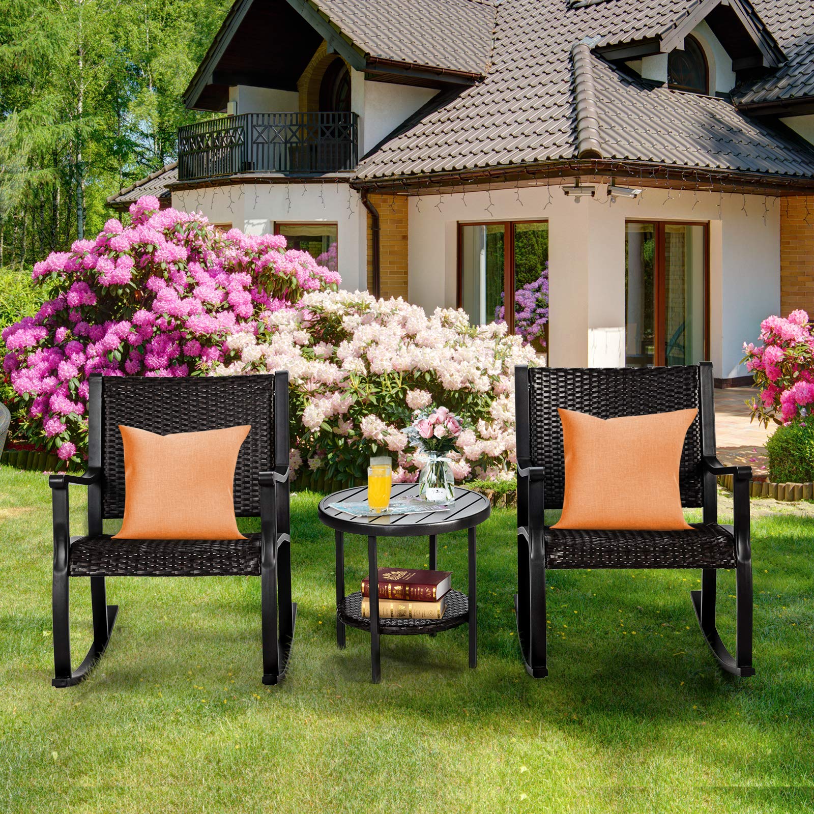 RELAX4LIFE 3-Piece Rocking Bistro Set - PE Wicker Outdoor Rocking Chair Furniture Set w/Side Table and Extra Storage Shelf, Patio Conversation Set for Porch, Balcony Deck