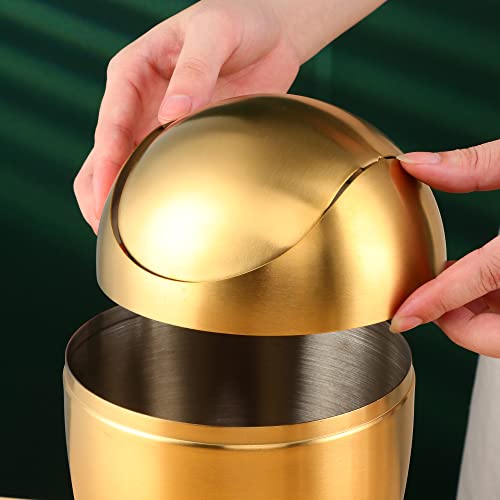 Buyer Star Mini Desktop Trash Can with Swing Lid, 18/10 Stainless Steel Desktop Garbage Can Counter Top Egg Shaped Metal Waste Bin (Gold, 0.4 Gallon)