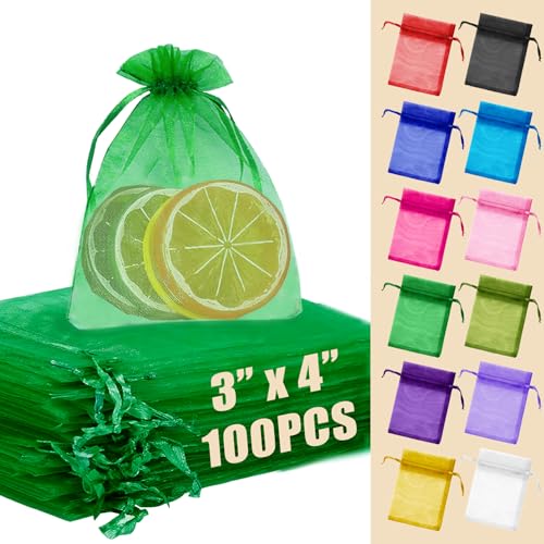 Luceinvita 100pcs Organza Bags 3x4 Inch Small Favor Bags Organza Drawstring Gift Bags Pouches for Wedding Candy Party Baby Shower (Green)