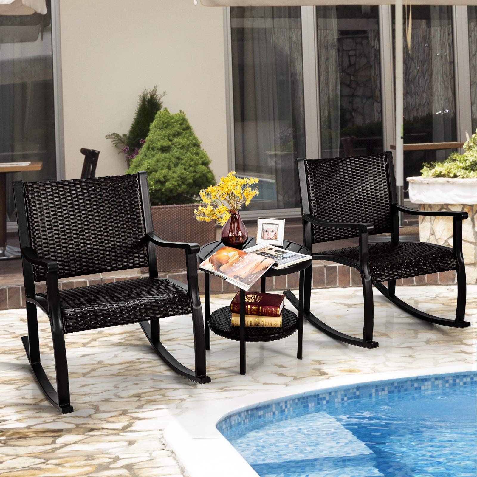 RELAX4LIFE 3-Piece Rocking Bistro Set - PE Wicker Outdoor Rocking Chair Furniture Set w/Side Table and Extra Storage Shelf, Patio Conversation Set for Porch, Balcony Deck