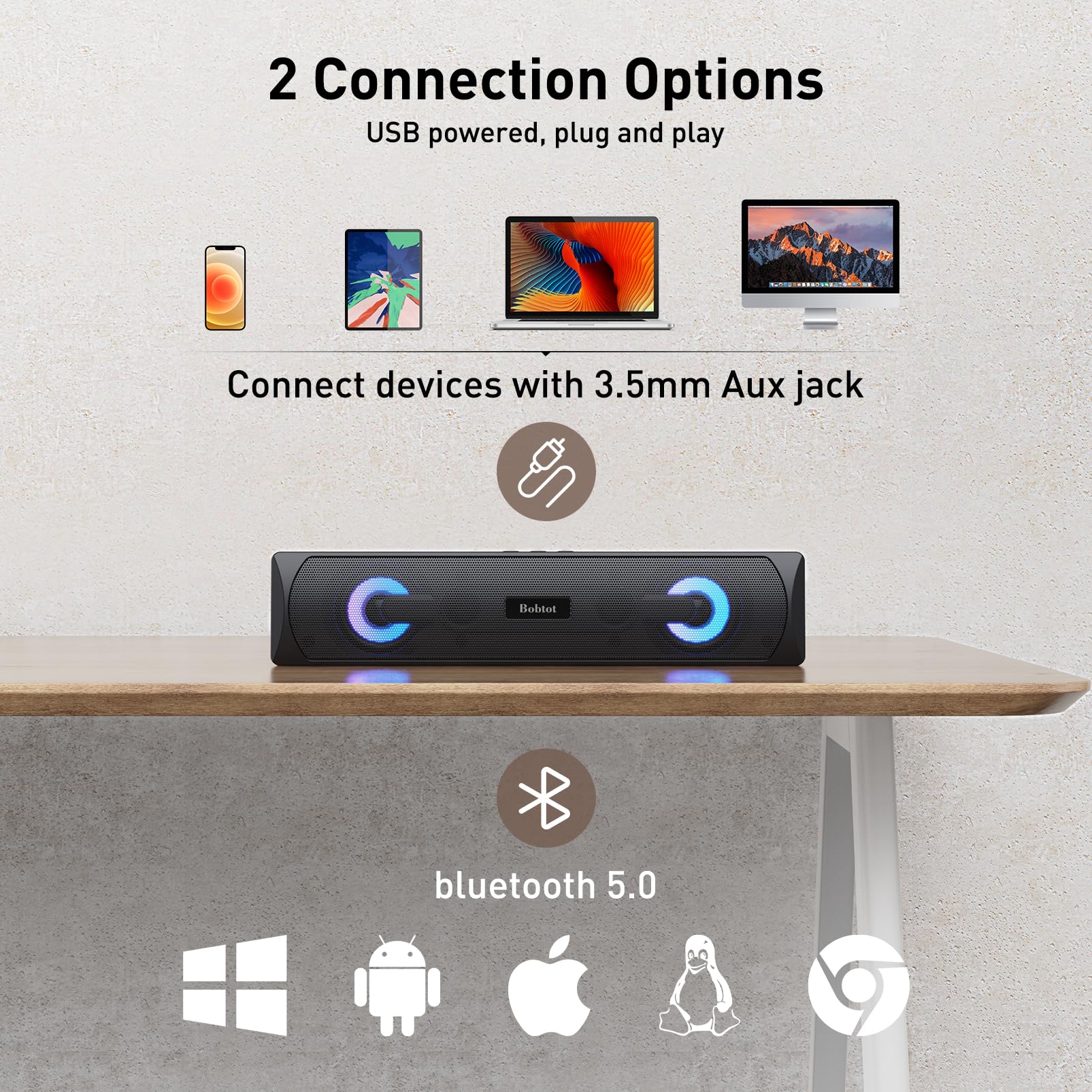 Bobtot Computer Speakers Desktop Soundbar - HiFi Stereo Audio RGB Mini Sound Bar External Speaker with Bluetooth AUX-in Wired USB Powered Volume Control for PC Laptop Tablets Monitor