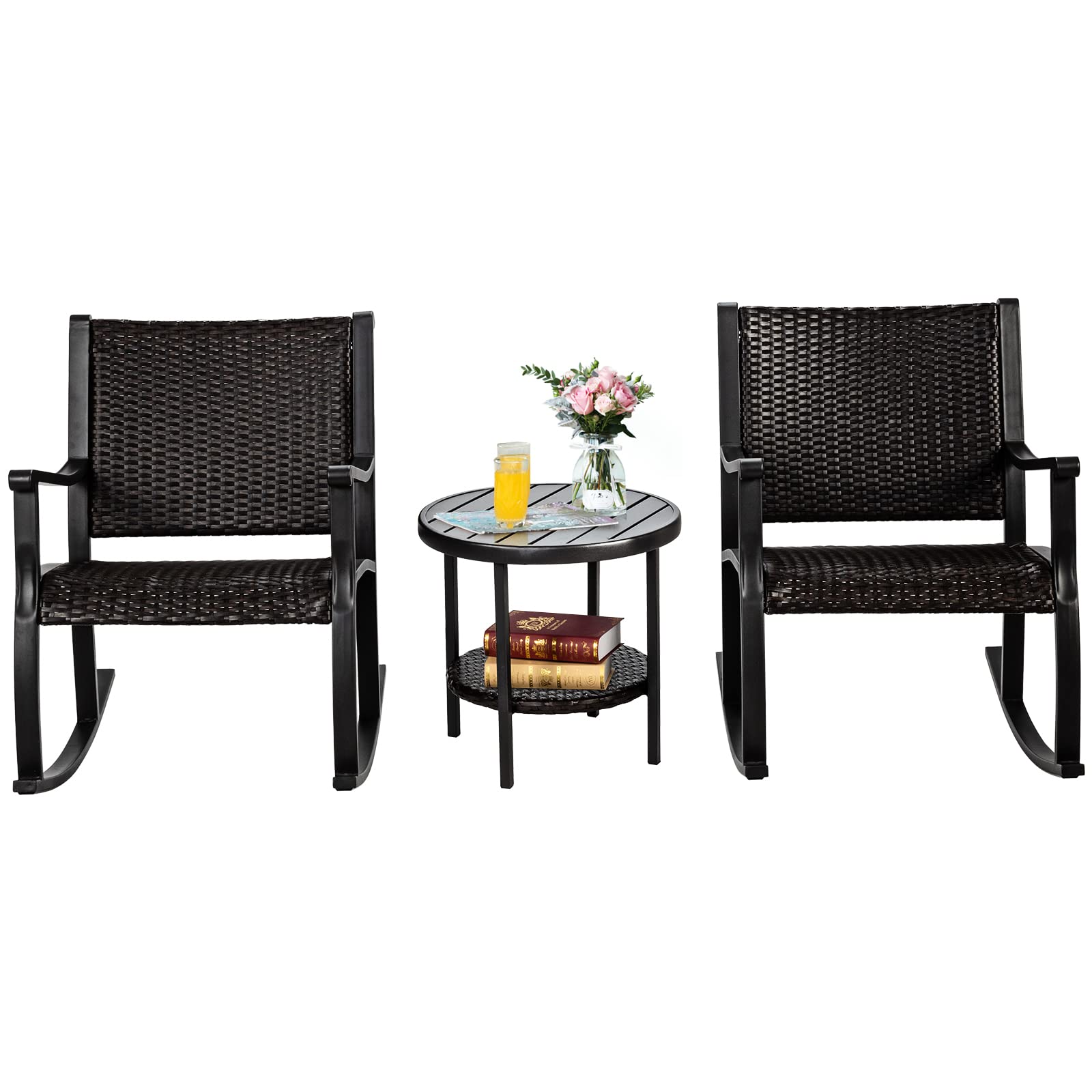 RELAX4LIFE 3-Piece Rocking Bistro Set - PE Wicker Outdoor Rocking Chair Furniture Set w/Side Table and Extra Storage Shelf, Patio Conversation Set for Porch, Balcony Deck