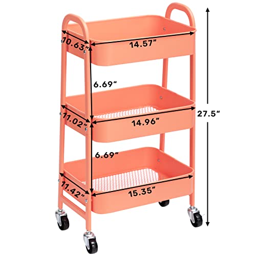 AGTEK Makeup Cart, Movable Rolling Organizer Cart, 3 Tier Metal Utility Cart with Lockable Wheels for Home & Office, Pink Orange