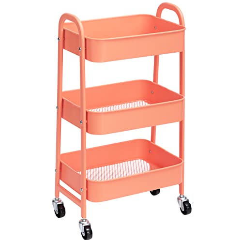 AGTEK Makeup Cart, Movable Rolling Organizer Cart, 3 Tier Metal Utility Cart with Lockable Wheels for Home & Office, Pink Orange