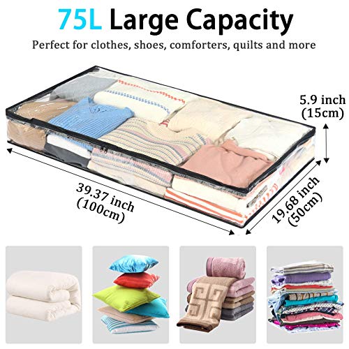 Vieshful 3 Pack 75L Grey Underbed Storage Bags and 3 Pack 75L Clear Underbed Containers，Large Capacity Clothing Organizers for Bedding Blanket Comforter Quilt