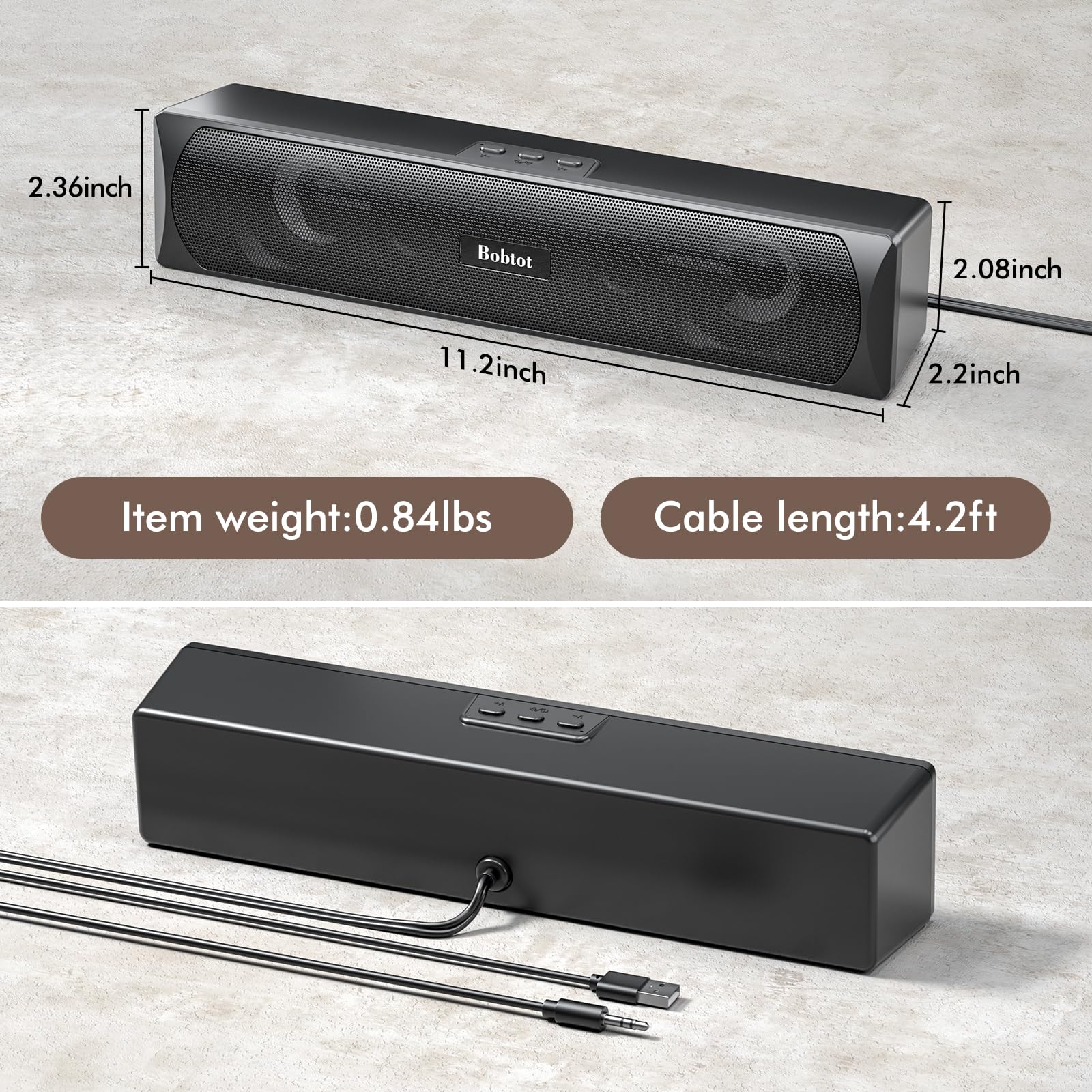 Bobtot Computer Speakers Desktop Soundbar - HiFi Stereo Audio RGB Mini Sound Bar External Speaker with Bluetooth AUX-in Wired USB Powered Volume Control for PC Laptop Tablets Monitor